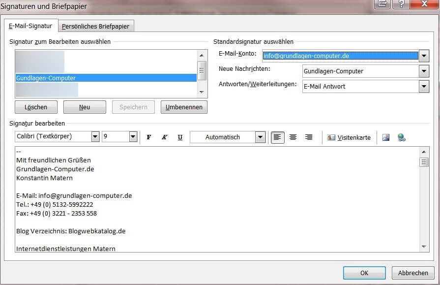 E-Mail Signatur anlegen in Outlook - Anleitung/Tutorial