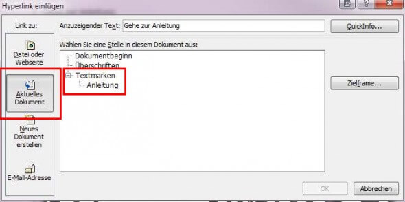 Interne Links im Word-Dokument erstellen